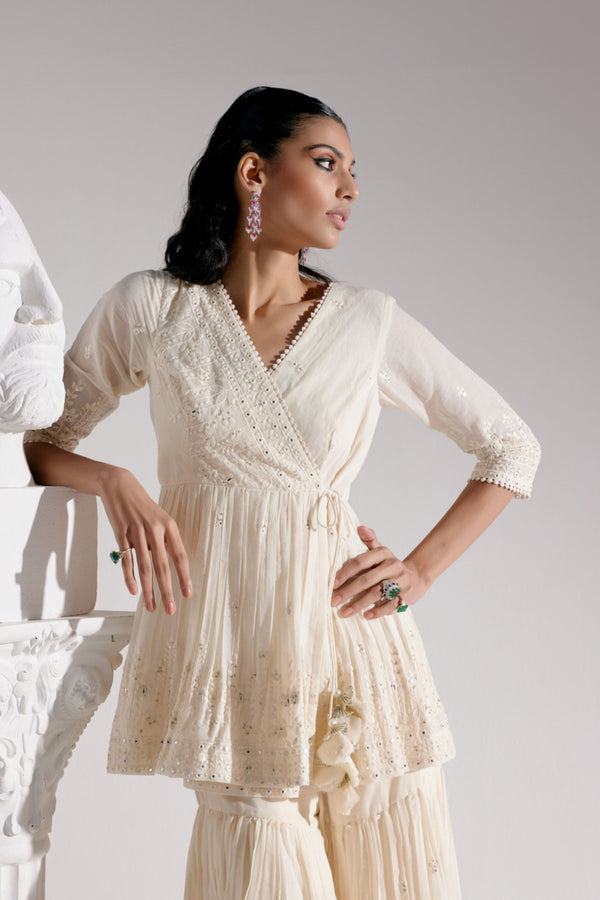 Preevin - Off White Lotus Peplum Sharara Set - Elahe