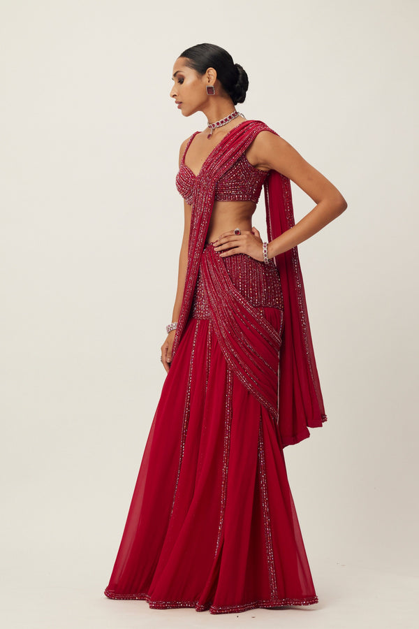 Vvani by Vani Vats - Ruby Red Pre Draped Saree Set - Elahe