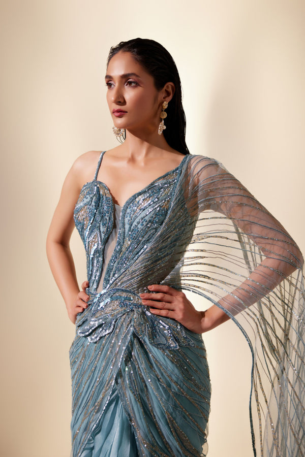 Adaara Couture - Twilight Teal Stream Saree - Elahe
