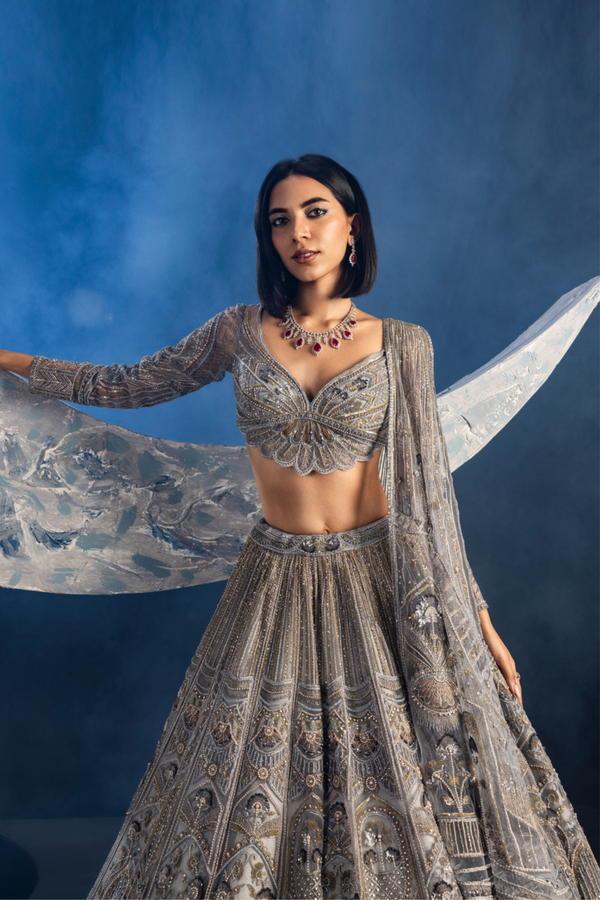 Adaara Couture - Metallic Blush Floral Lehenga - Elahe