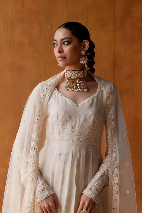 Preevin - Off White Tower Anarkali Set - Elahe