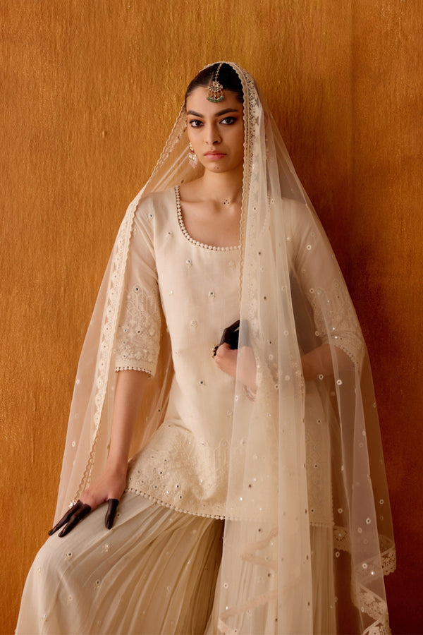 Preevin - Off White Cone Straight Sharara Set - Elahe