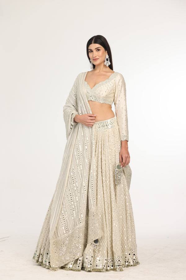 Abhinav Mishra - Off White Heavy Lehenga Set - Elahe