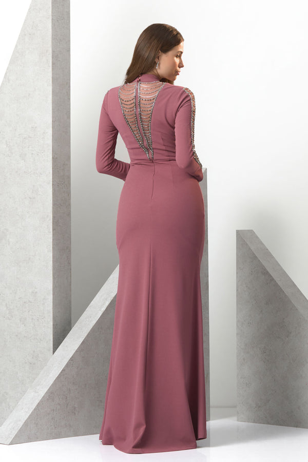 Eli Bitton - Traingle High Neck Smoked Pink Gown - Elahe