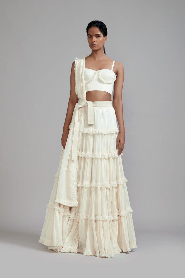 Mati - Offwhite Fringed Tiered Lehenga Set - Elahe