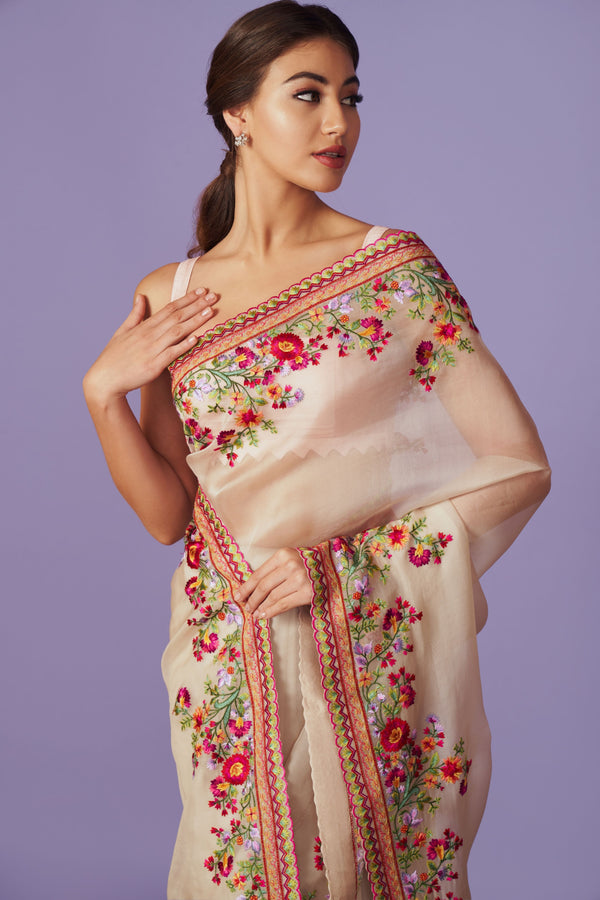 Anushree Reddy - Multi Thread Ivory Saree Set - Elahe
