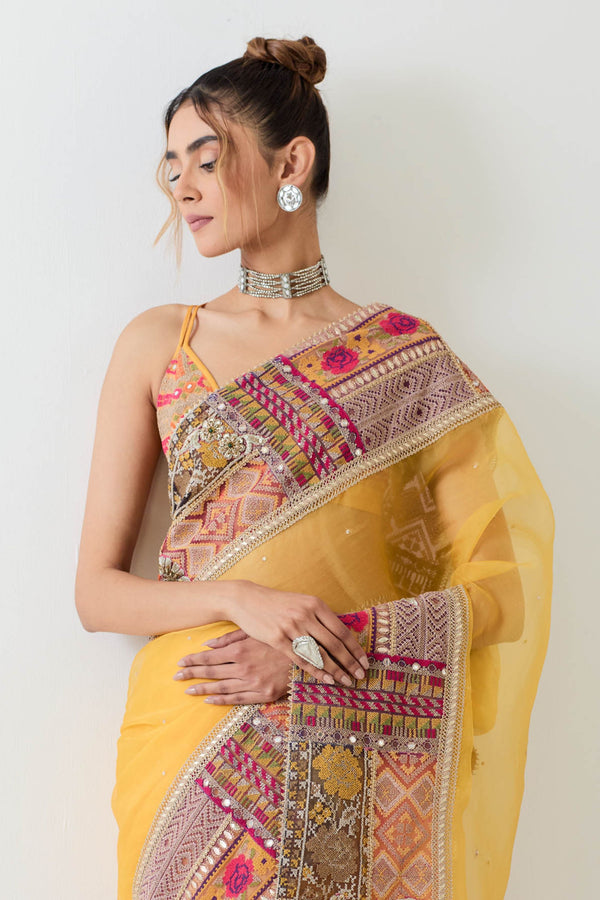 Kavita Bhartia - Mustard Yellow Patch Work Saree Set - Elahe