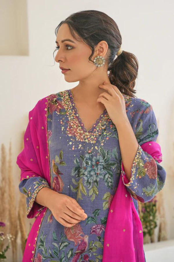 Pita Nila - Fiza Stripe Kurta Set in Purple With Dupatta - Elahe