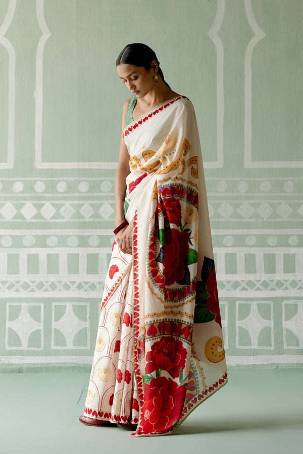 Label Mogra - Ecru & Red Rose Saree Set - Elahe