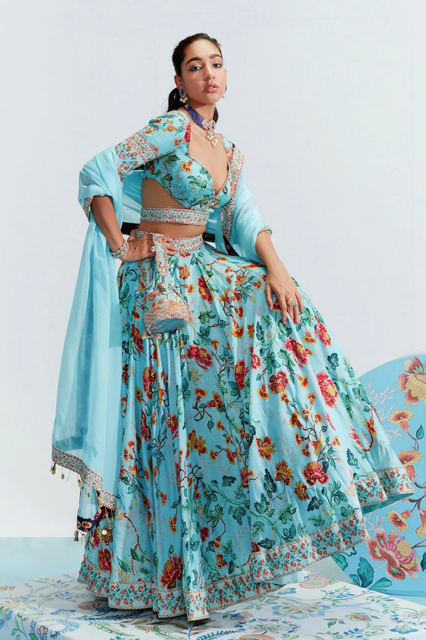 Mahima Mahajan - Samara Blue Embroidered Lehenga Set - Elahe