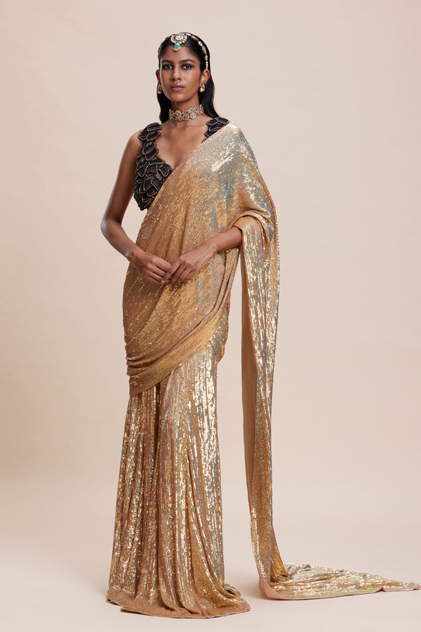 Kangana Trehan - Gold Sequin Draped Saree Set - Elahe