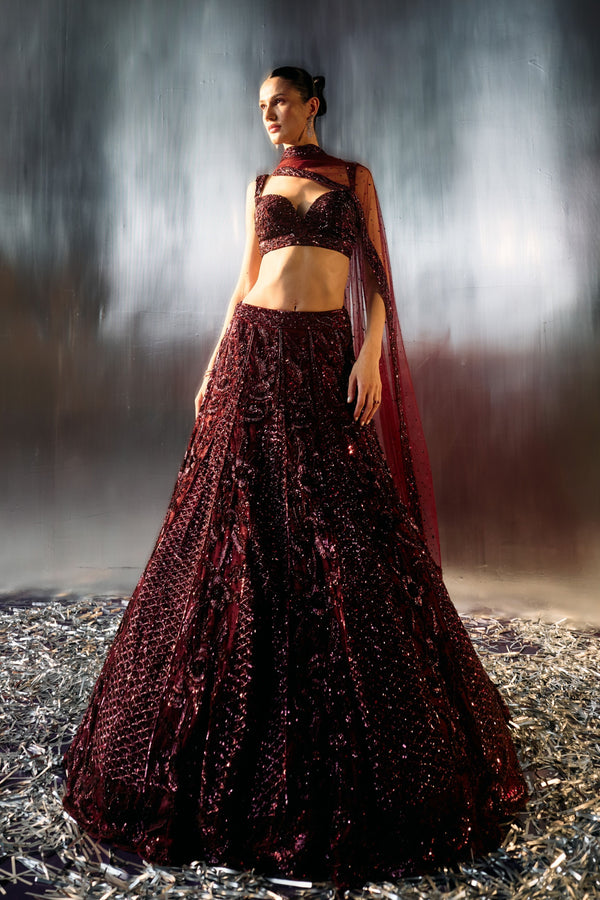 Angad Singh - Deep Wine Crystals Lehenga Set - Elahe