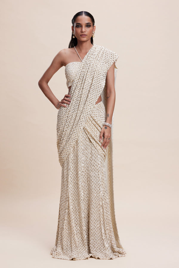 Kangana Trehan - Creme Embellished Draped Saree Set - Elahe