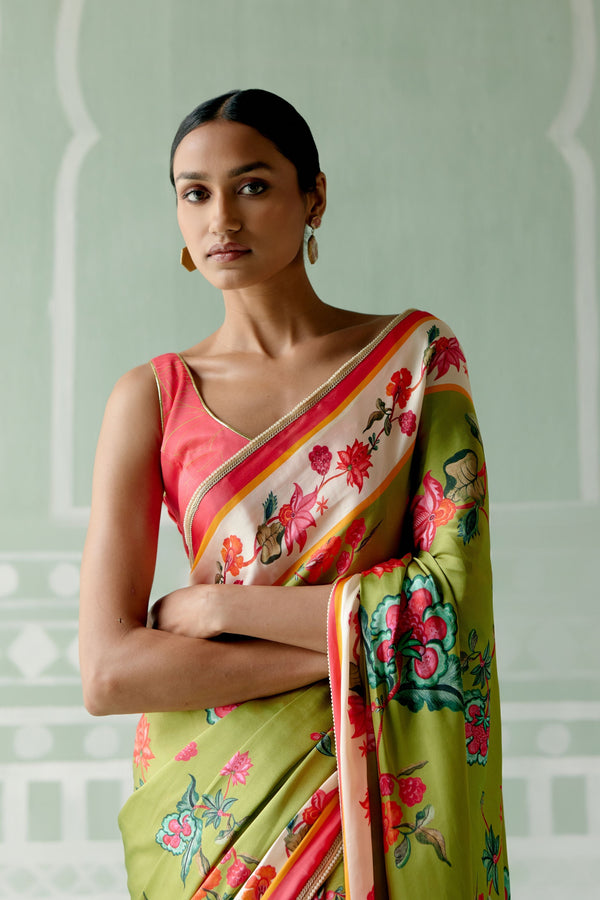 Label Mogra - Sea Green Floral Saree - Elahe