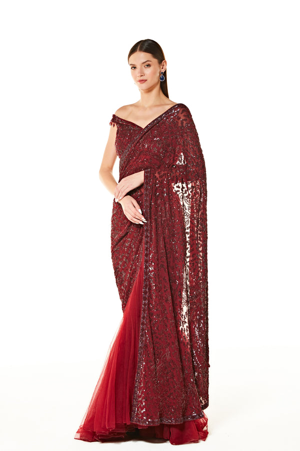 Rabani and Rakha - Maroon Sairaa Embroidered Saree Set - Elahe