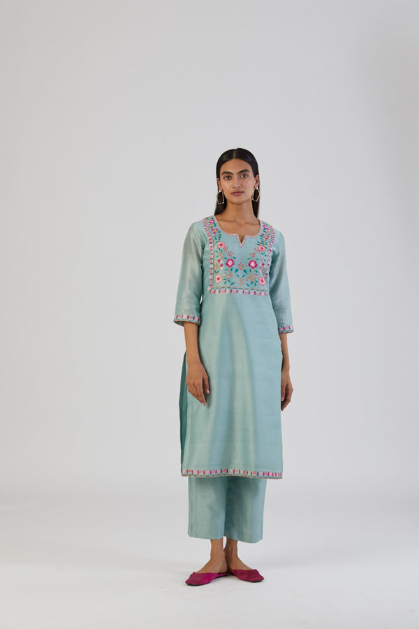 Alokik by Divya - Sea green embroidery kurta set - Elahe