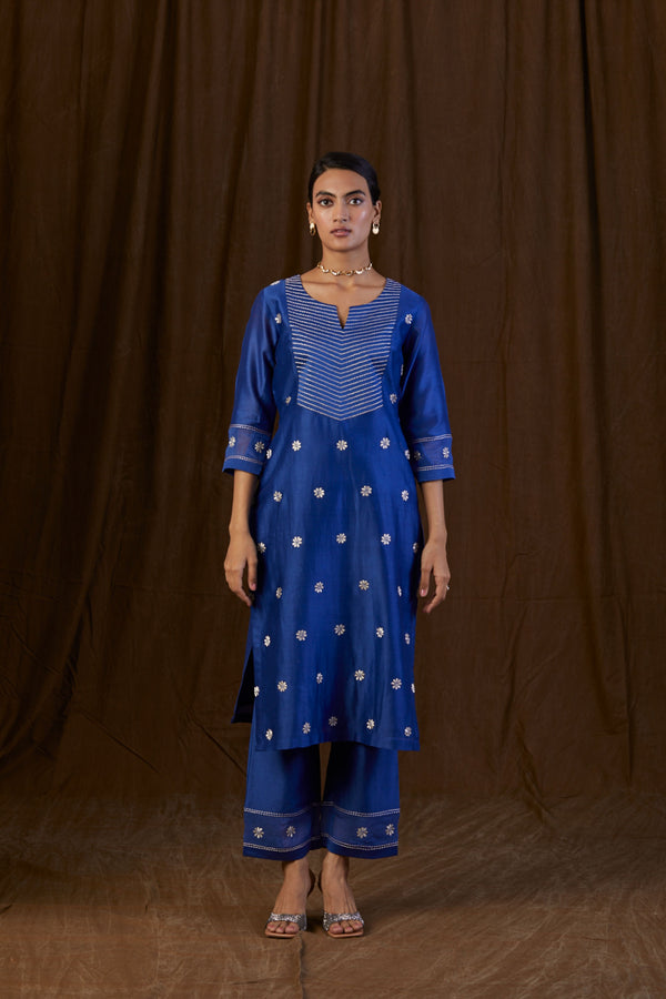 Alokik by Divya - Navy Blue Yolk Embroidered Kurta Set - Elahe
