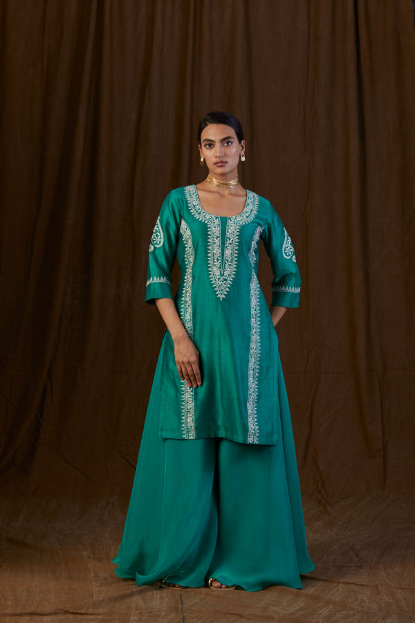 Alokik by Divya - Teal Green Panel Sharara Set - Elahe