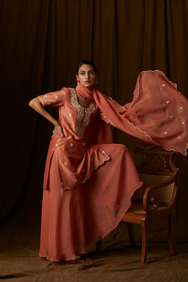 Alokik by Divya - Rust Orange Floral Sharara Set - Elahe