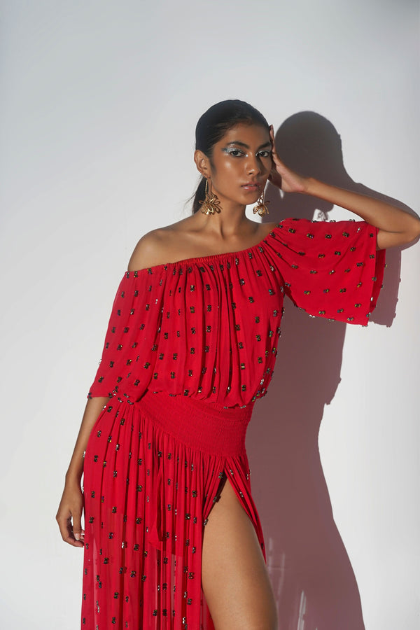 Kangana Trehan - Carrot Pink Off Shoulder Maxi Dress With Slits - Elahe
