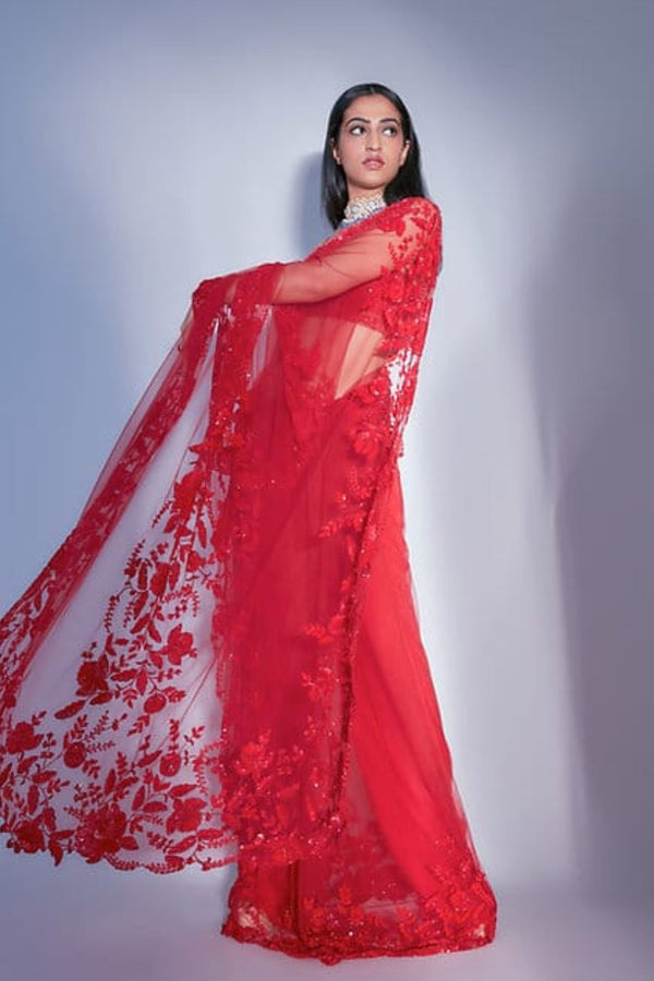 Red Floral Embroidered Saree - Elahe