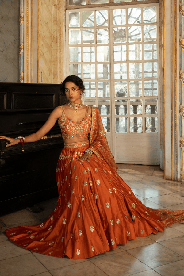 Paulmi and Harsh - Orange Buti Embroidered Lehenga Set - Elahe