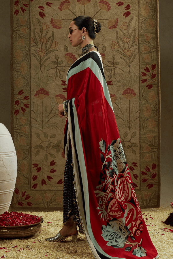 SVA By Sonam and Paras Modi - Printed Cascade Saree With Bustier - Elahe