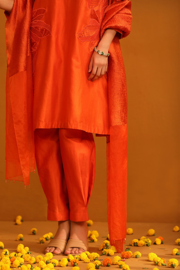 Omana by Ranjana Bothra - Huma Applique Orange Suit Set - Elahe