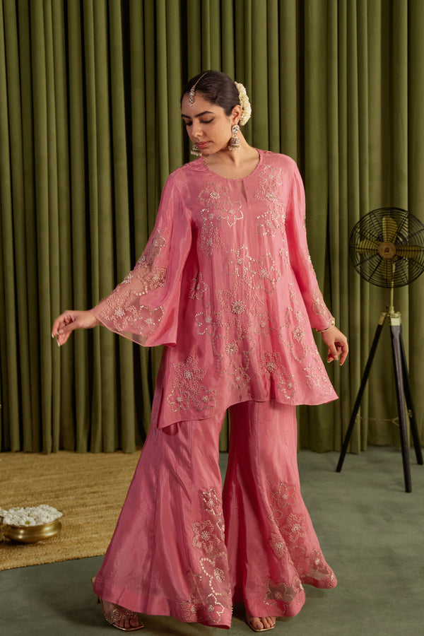 One Not Two - Rose Pink Embroidered Sharara Set - Elahe