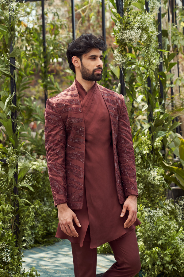 Varun Chakkilam Menswear - Russet Brown Open Jacket Set - Elahe