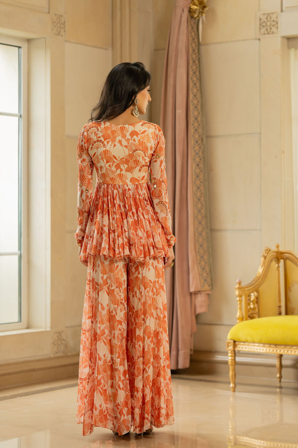 Paulmi and Harsh - Orange Antique Embroidered Peplum Set - Elahe