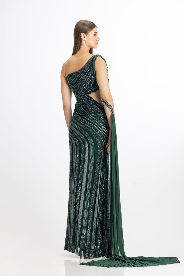 Bhawna Rao - Hand Embroidered Gown in Green - Elahe