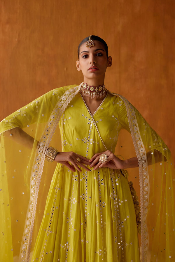 Preevin - Neon Green Flower Anarkali Set - Elahe