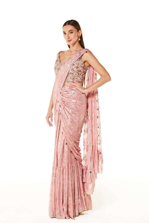 Rabani and Rakha - Pink Sairaa Embroidered Saree Set - Elahe