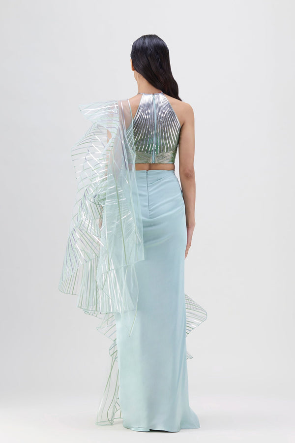 Amit Aggarwal - Metallic Sage Winged Ruffle Saree - Elahe