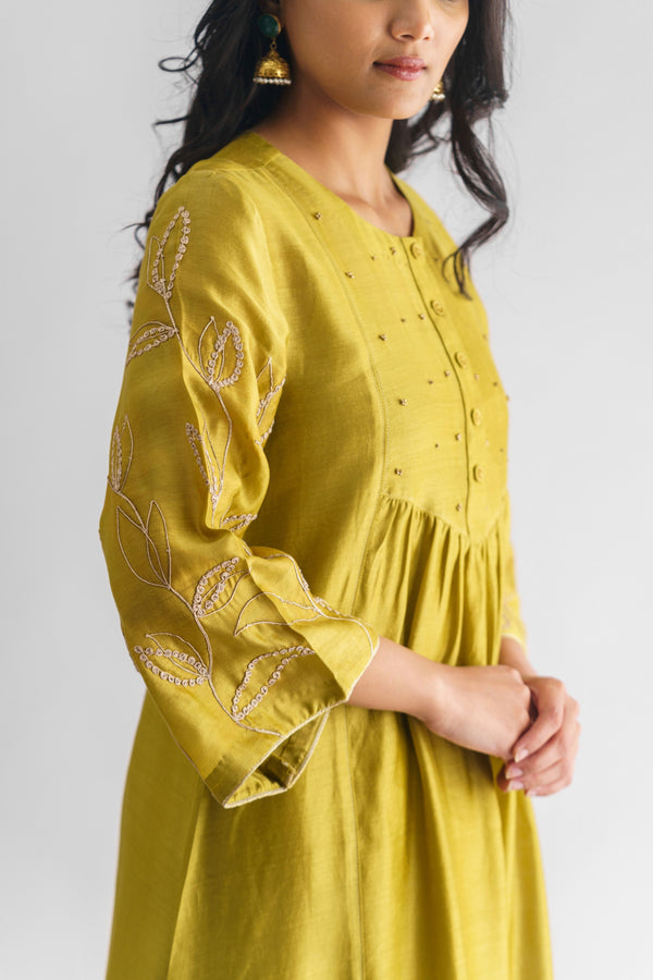 Mushio - Lime Green Dori Chanderi Silk Tunic - Elahe