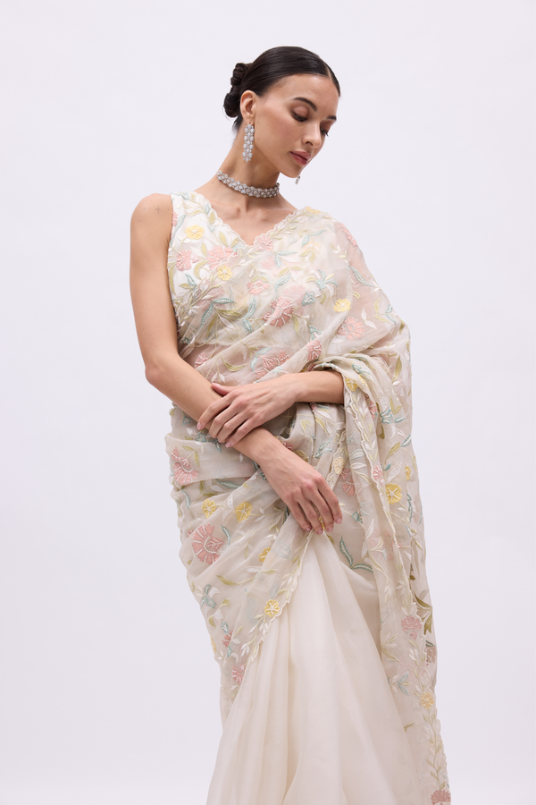 Simone Handcrafted - Applique In Bloom Saree Set - Elahe