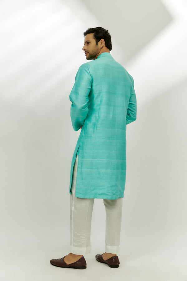 Nadima Saqib - Cyan Blue Raw Silk Embroidered Kurta - Elahe