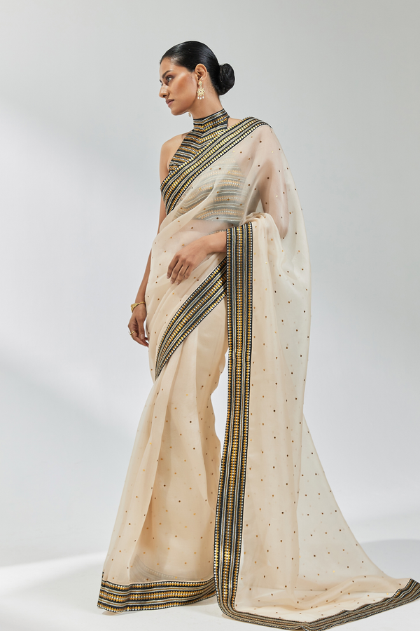 Priyal Prakash - Beige, Black Embroidered Saree Set - Elahe
