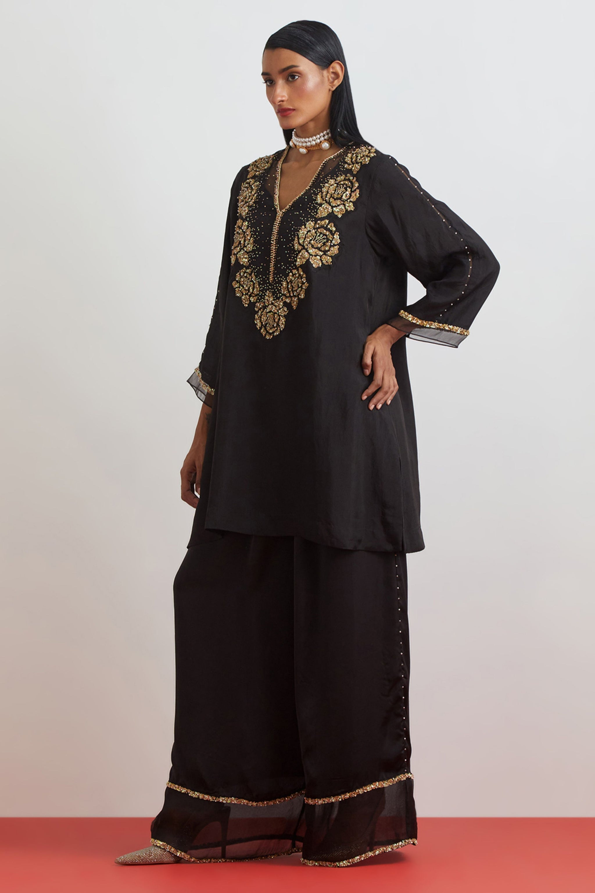 One Not Two - Black Cheenta Organza Dupatta - Elahe