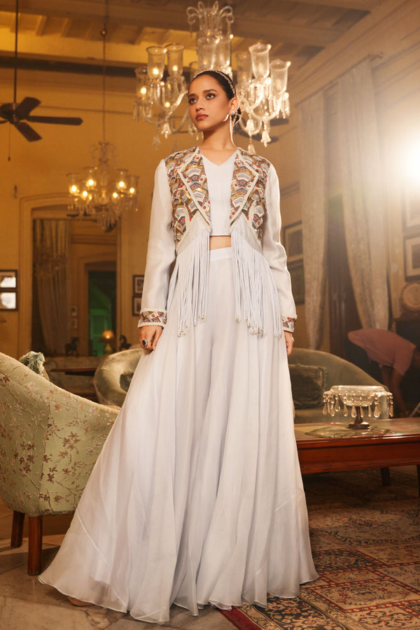 Nehha Nhata - Hand Embroidered Tassel Jacket Set - Elahe