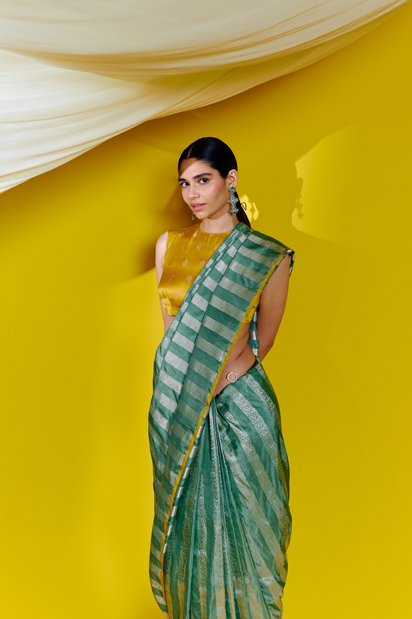 Ekaya - Green Striped Silk Handwoven Saree - Elahe