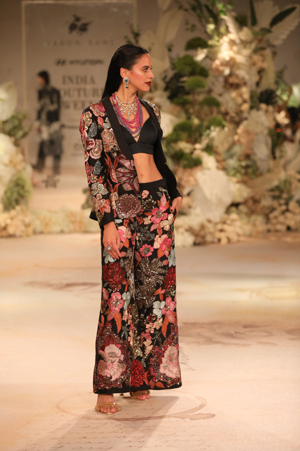 Varun Bahl - Black Embroidered Power Shoulder Jacket Set - Elahe