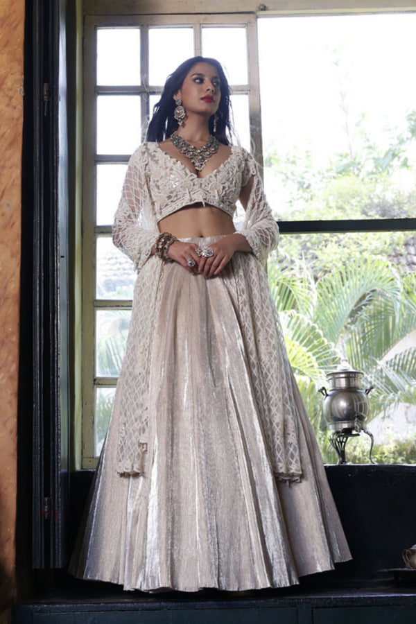 Vikram Phadnis - Ivory Pan Neck Cap Sleeves Choli with Ivory Pleated ...