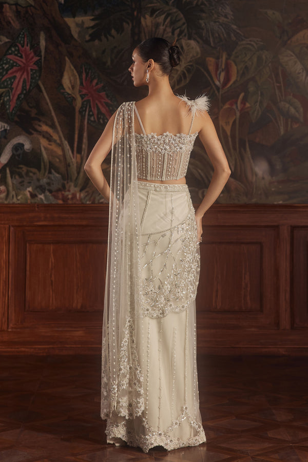 Roqa - Leo Ivory Draped Saree - Elahe