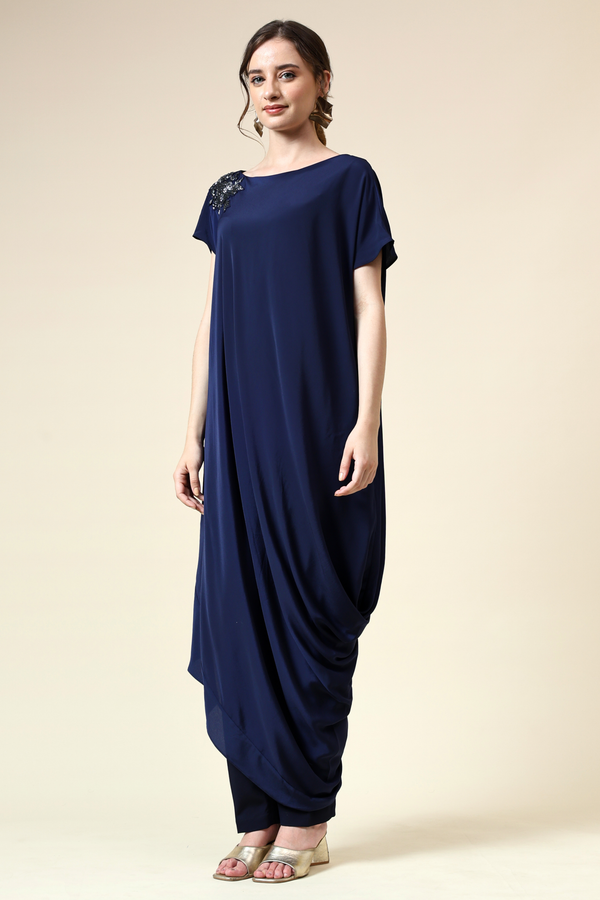 Aakaar - Navy Draped Tunic With Crystal Embellishment - Elahe