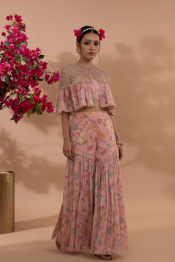Show Shaa - Dusty Rose Floral Printed Sharara Set - Elahe