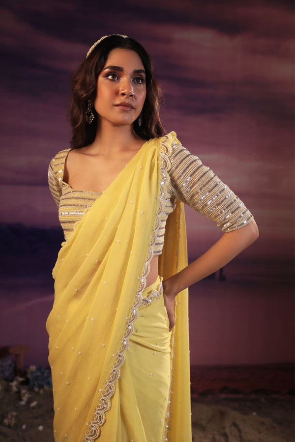 Couture by Niharika - Mango Yellow Embroidered Saree Set - Elahe