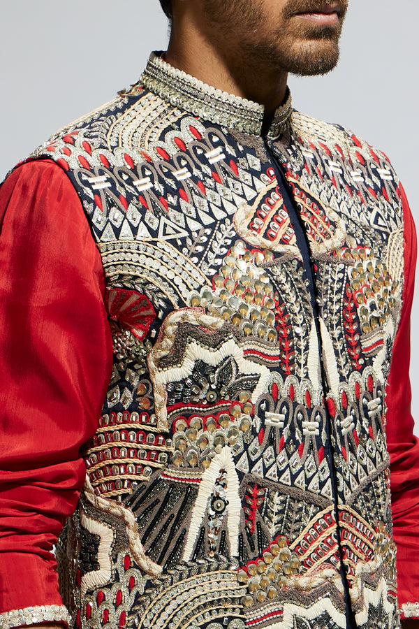 SVA By Sonam and Paras Modi Menswear - Blue Abtract Embroidered Bandi ...