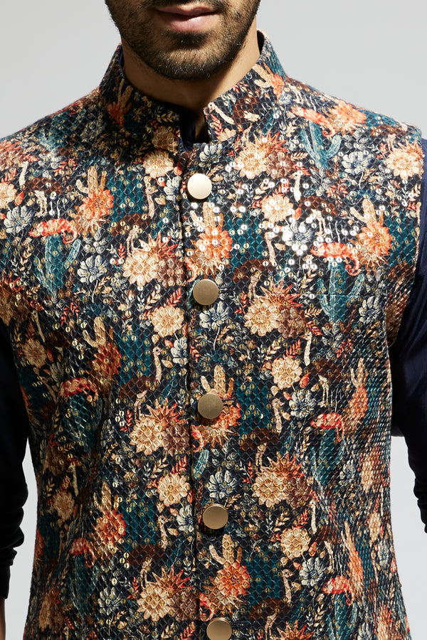 SVA By Sonam and Paras Modi Menswear - Blue Jaal Embellished Bandi - Elahe